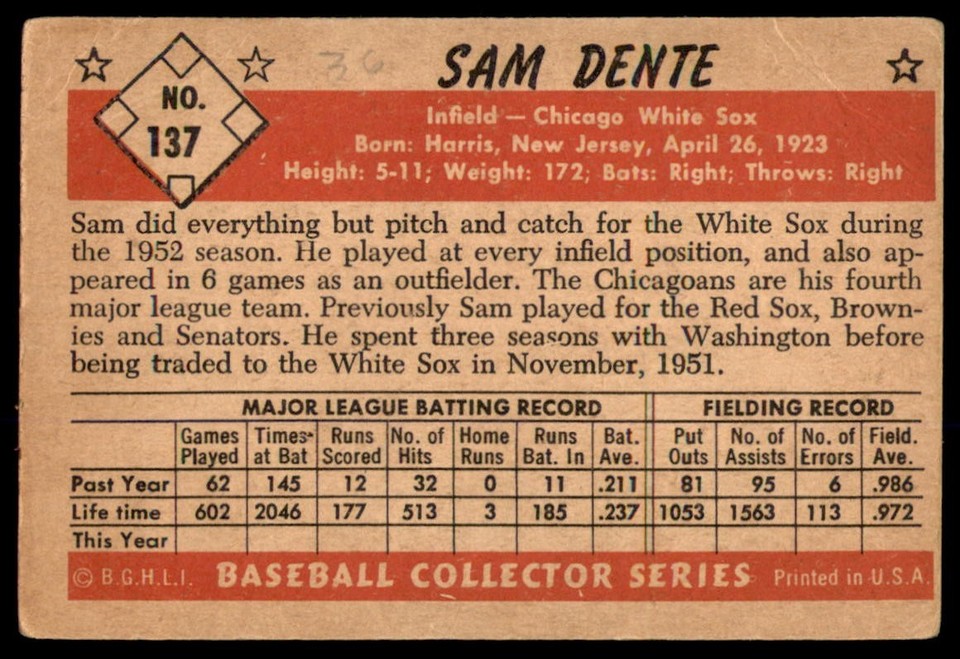 1953 Bowman Color #137 SAM DENTE Chicago White Sox VG (Wrinkle/Miscut ...
