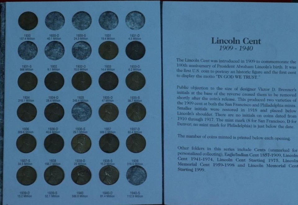 Lincoln Wheat Cent Collection in Harris Book No. 1 - 52 Coins 1910-1940 ...