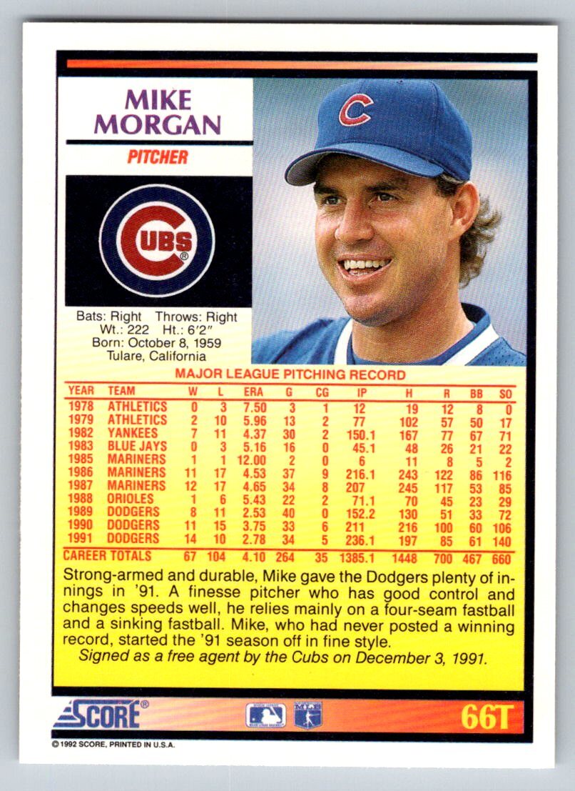 1992 Score Rookie & Traded #66T Mike Morgan Chicago Cubs | eBay