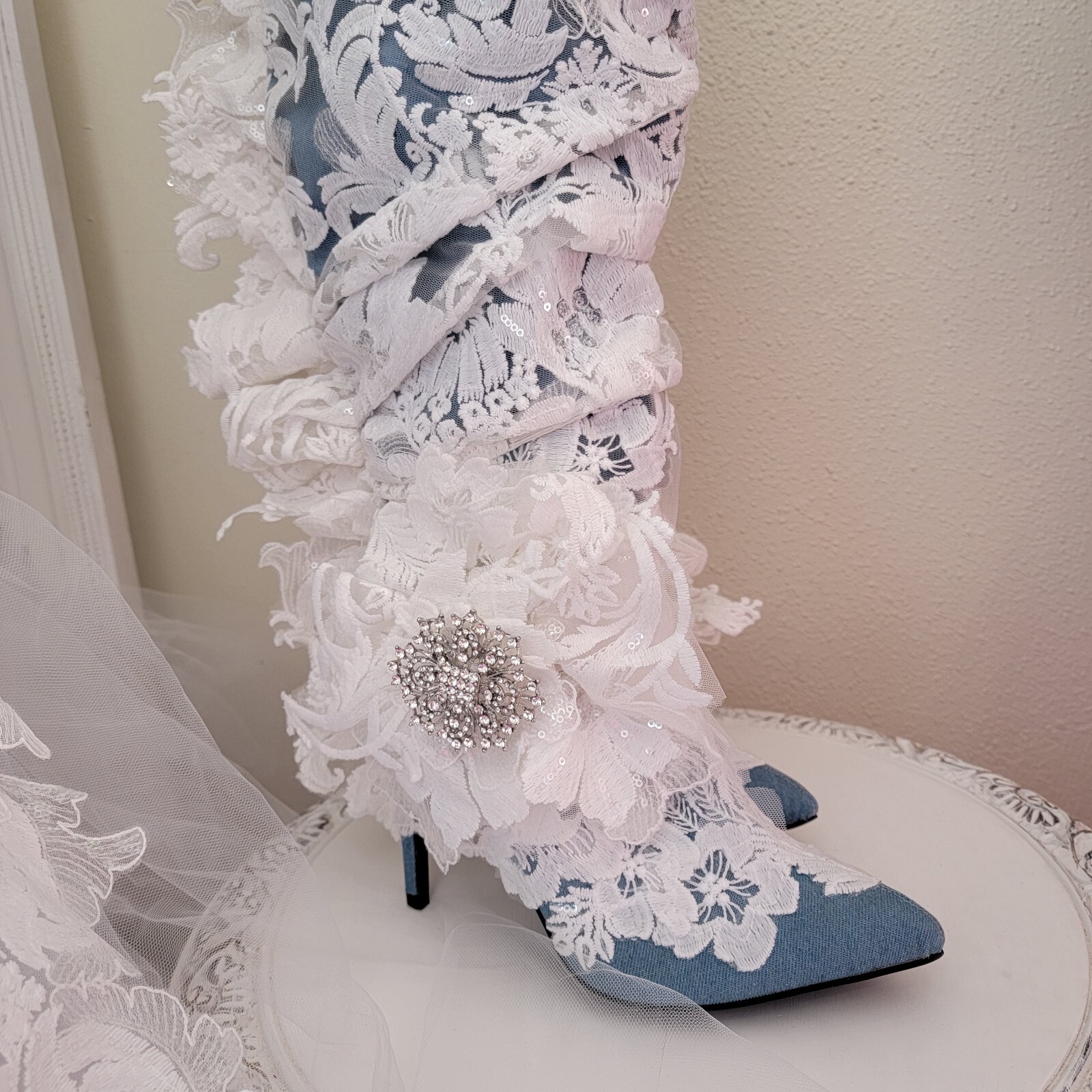 "MOREA" DENIM & DIAMONDS BONED CORSET LACE TULLE BRIDAL WEDDING ...
