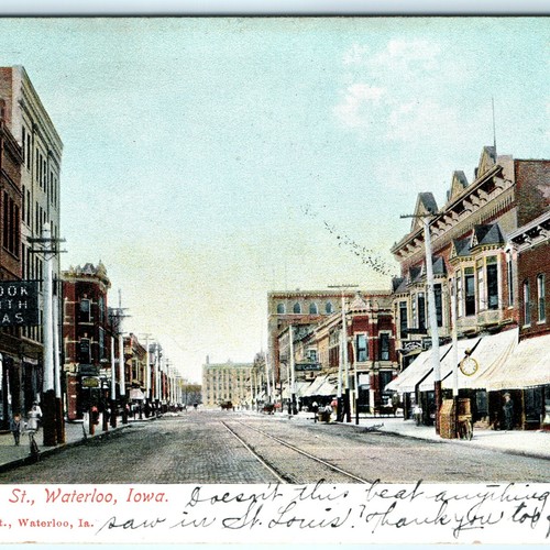 1907 Waterloo, IA East 4th Street Litho Photo Downtown Main St Signs ...