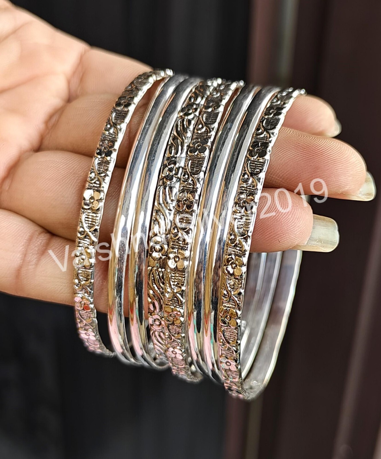 New Multi Design bangles, 8 Set of bangles 925 Silver Flower Textured ...