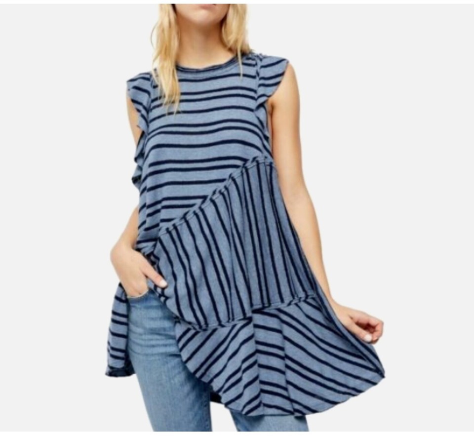 Free People Deep Sea Combo Striped Ruffle Sleeveless linen blend Dress ...