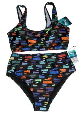 PUMA Colorful Logos Black High Cut Built-in-Bra Lined Bikini Swimsuit ...