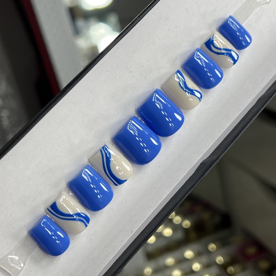 💎 CUSTOM Gel press On Nails, BLUE Swirls , X Short Square 10p Set With ...