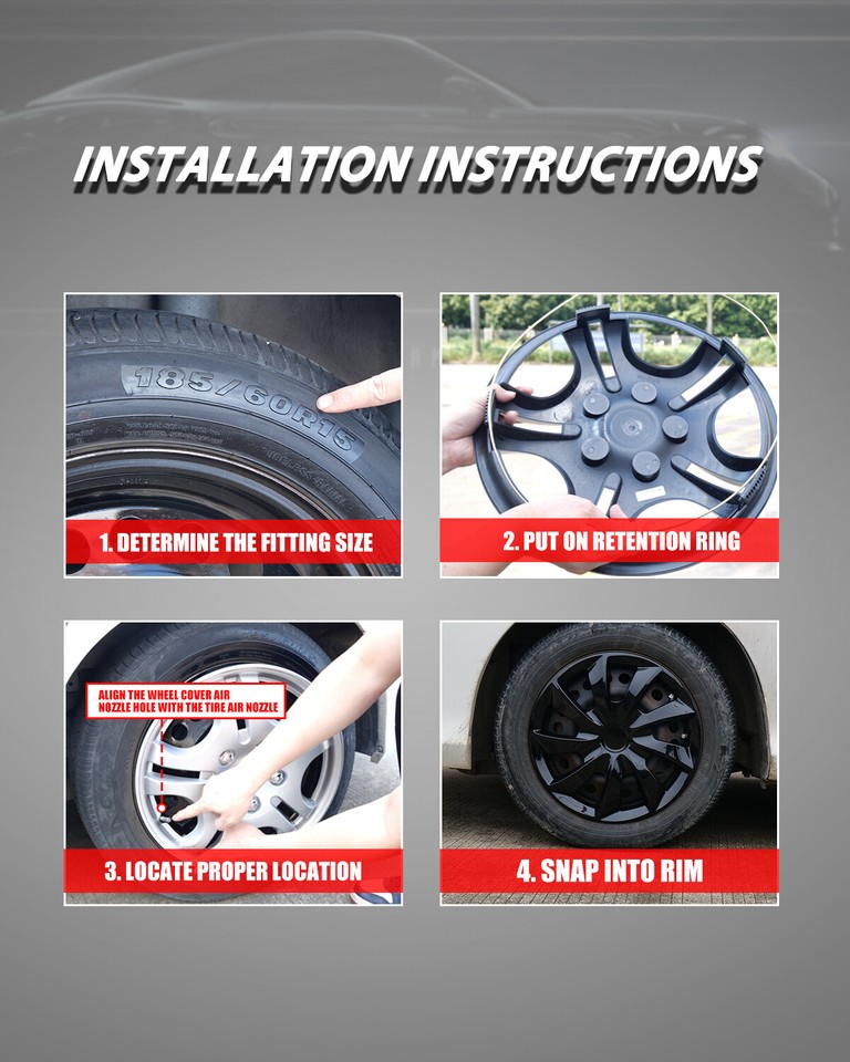 14 inch Set of 4 Black Wheel Covers Snap On Full Hub Caps For R14 Tire ...