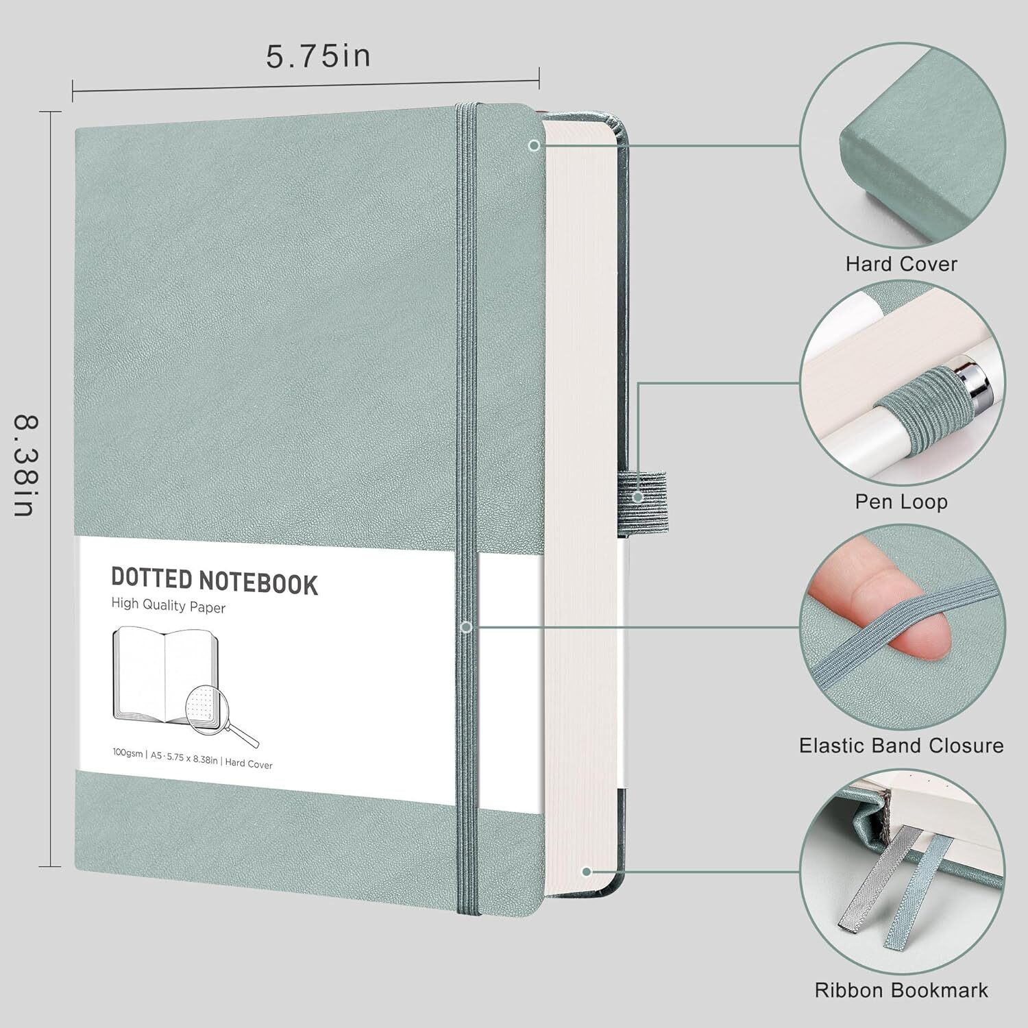 RETTACY Bullet Dotted Journal - A5 Grid Notebook with A5, Gray Blue