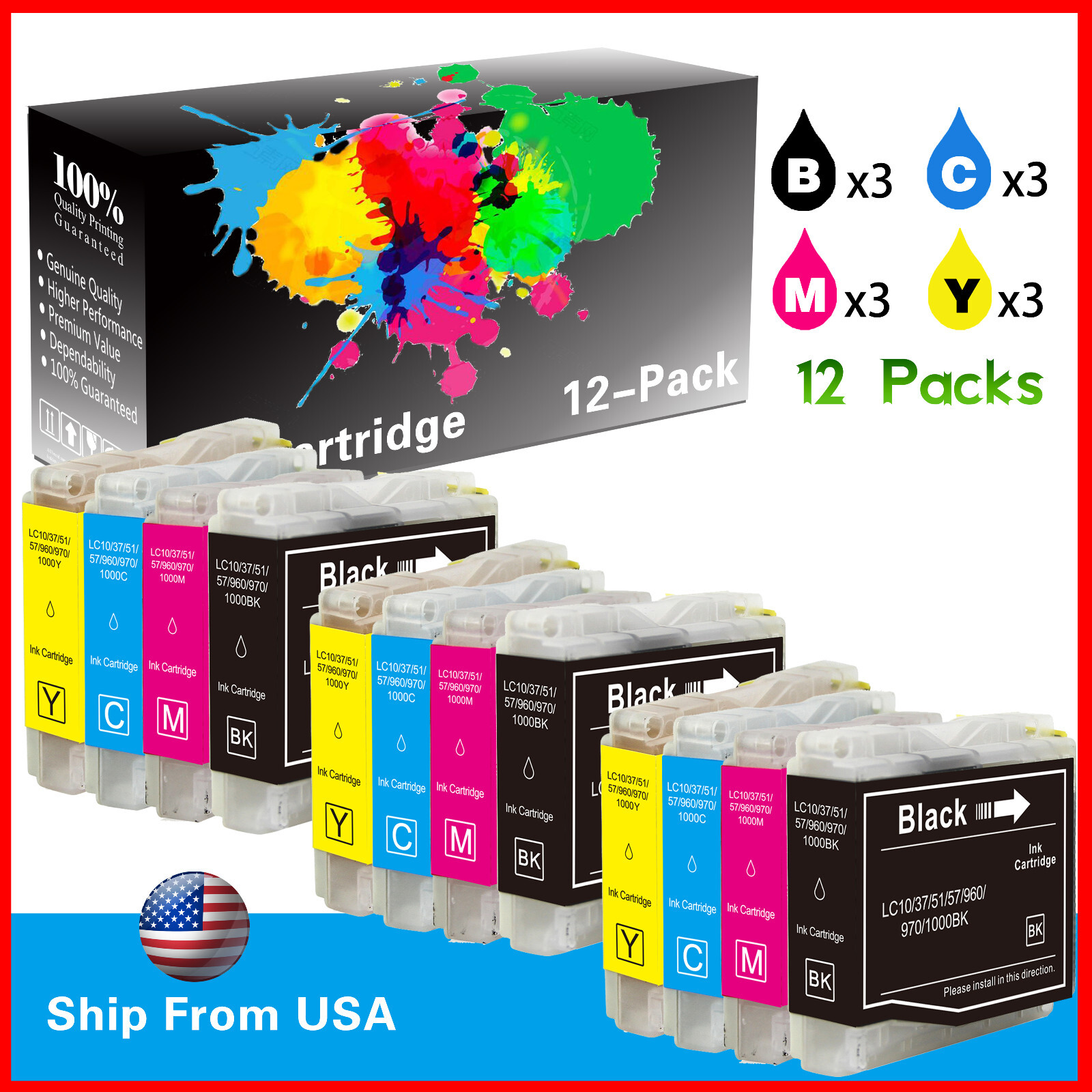 12PK LC51 Ink Cartridge LC51BK for MFC-230C MFC-240C MFC-440CN Printer ...