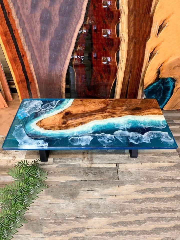 Custom Epoxy Resin River Ocean Wave Resin Coffee Table Wood Plank ...