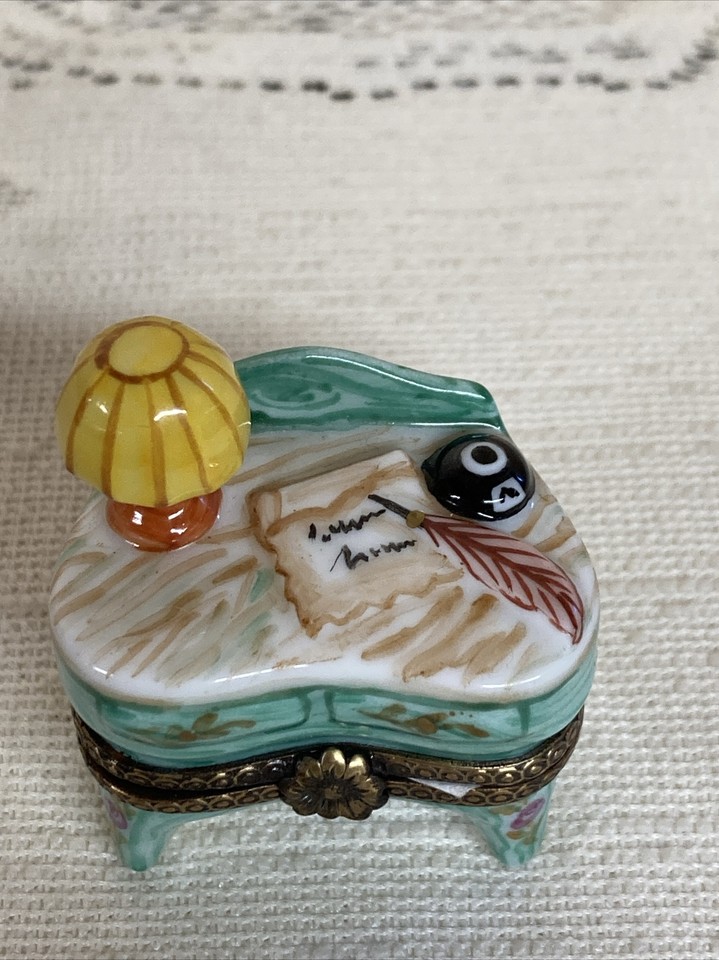 LIMOGES PEINT MAIN Chanille Writing Desk Trinket Box with Pince Nez ...