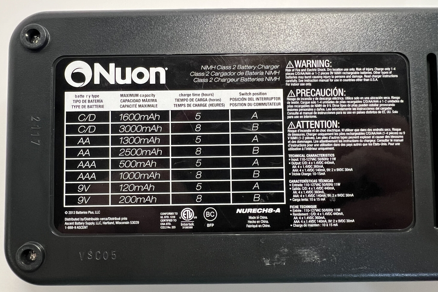 NUON Greenergy NiCd/NiMH Battery Charger Model NURECH8 For AAA-AA-C-D ...