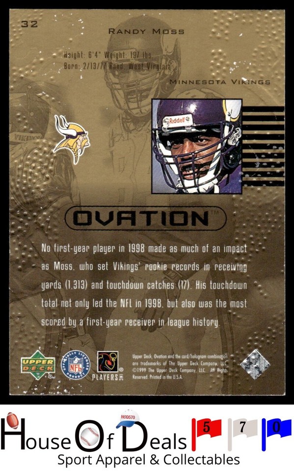 1999 Upper Deck Ovation #32 Randy Moss Minnesota Vikings Football Card ...