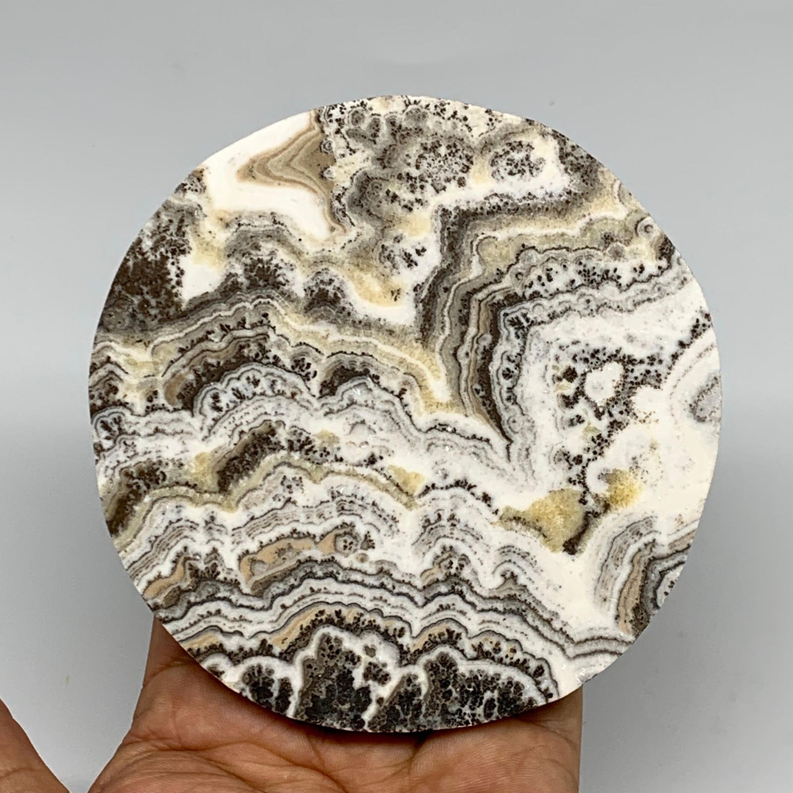 299.6g, 4.3"x0.6", Natural Picture Calcite Round Disc/Coaster @Mexico ...