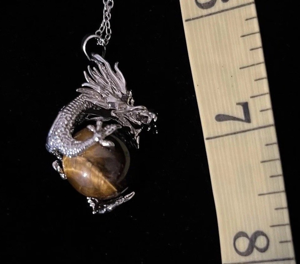 Natural Golden Tiger's Eye Round Gem Stainless Steel Dragon Necklace ...