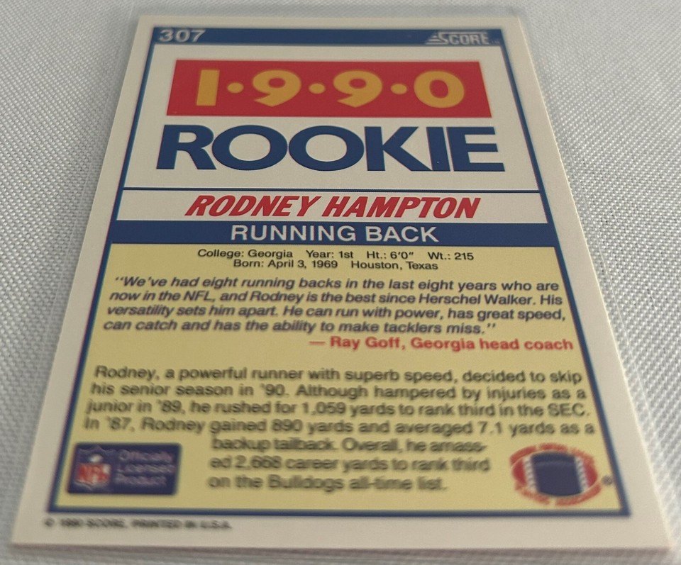 1990 Score Football Rodney Hampton Georgia Bulldogs New York Giants ...