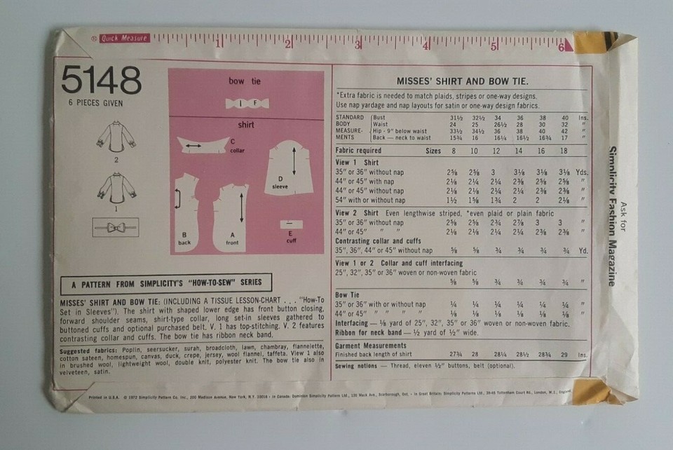 1972, SIMPLICITY #5148 MISSES SIZE 8 FRONT BUTTON SHIRT & BOW TIE ...