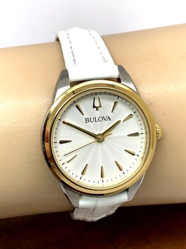 Bulova Women's Watch 98L277 Quartz Silver Dial Two Tone White Leather ...