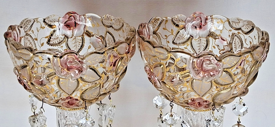 Pair of Unusual Bohemian Clear Lustre Vases with Relief, Pink & White ...