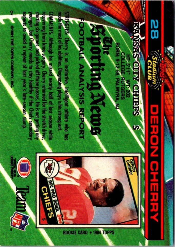 1991 Stadium Club Deron Cherry #28 Kansas City Chiefs Football Card | eBay