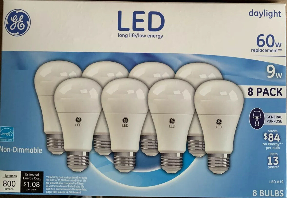 GE 9W LED Light Bulbs 60W Watt Daylight White A19 Standard Non-dimmable ...