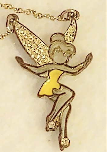 Vintage Disney Tinker Bell Necklace Yellow Glitter Dress 16" Rhinestone ...