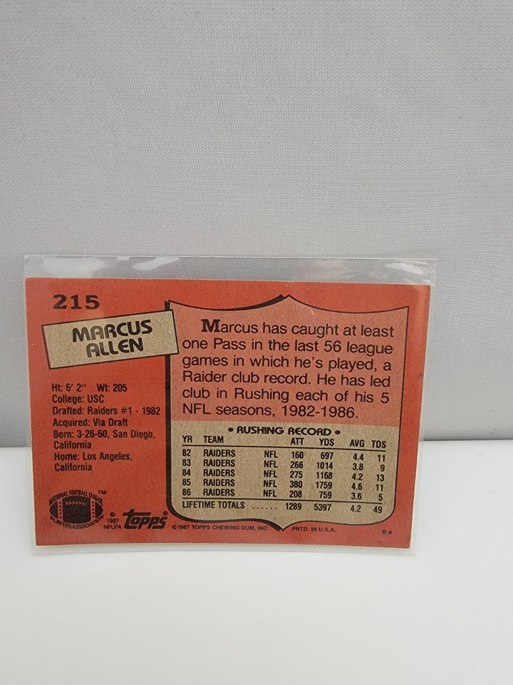Marcus Allen 1987 Topps Los Angeles Raiders #215 NFL Football Trading ...