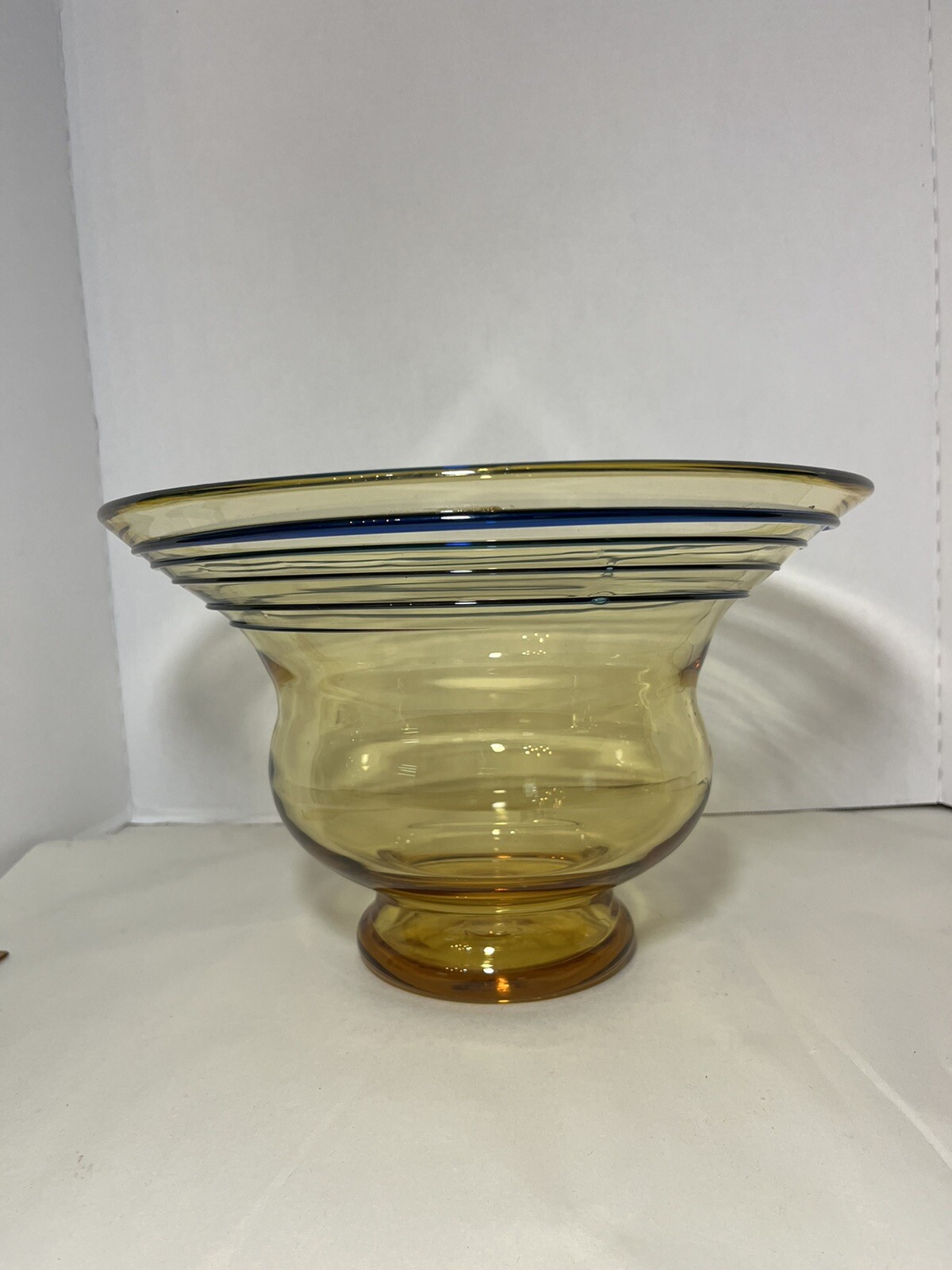 Blenko Glass Console Bowl Blue Thread Over Amber Spiral | eBay