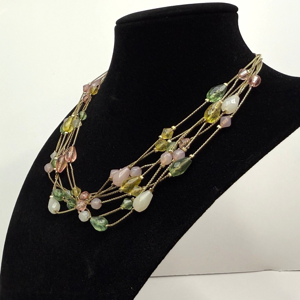 Multi Strand Layered Necklace Pastel Acrylic Beaded Gold Tone Chain ...