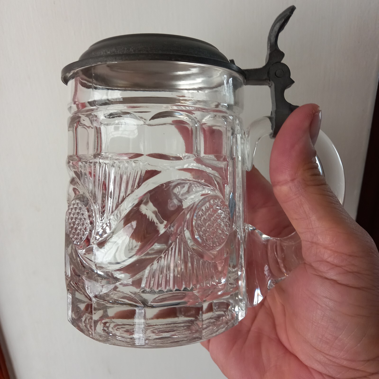 German Glass Pewter Beer Mug Stein Vintage Lid Decorated Brand/Prost ...