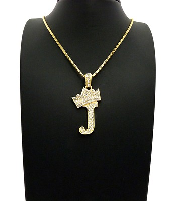 Stoned Tilted Crown Alphabet J Pendant 24"Various Chain Hip Hop ...