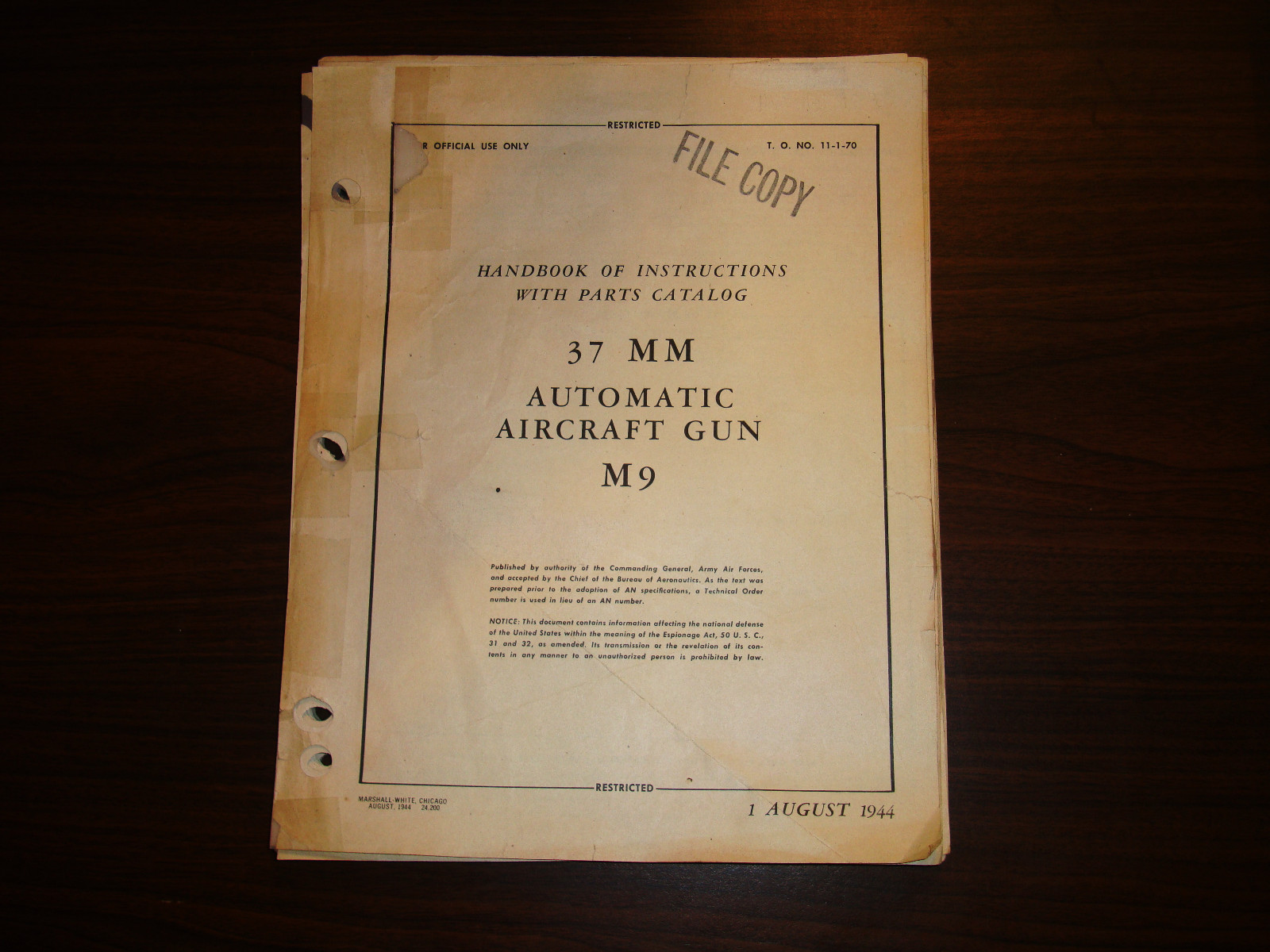 1944 37mm Automatic Aircraft Gun M9 Handbook Instructions Flight Manual ...