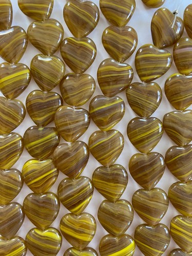 Czech Pressed Glass Lg Heart Beads 15mm Opaque Yellow Brown Swirl 8 Str ...