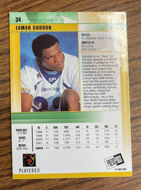 2002 Press Pass Card # 34 Lamar Gordon - North Dakota State University ...