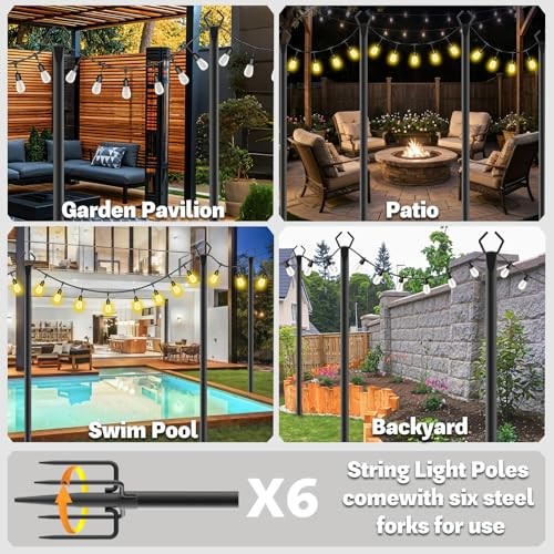 Heavy Duty Metal String Light Poles Adjustable Outdoor Lighting 6 Pack ...