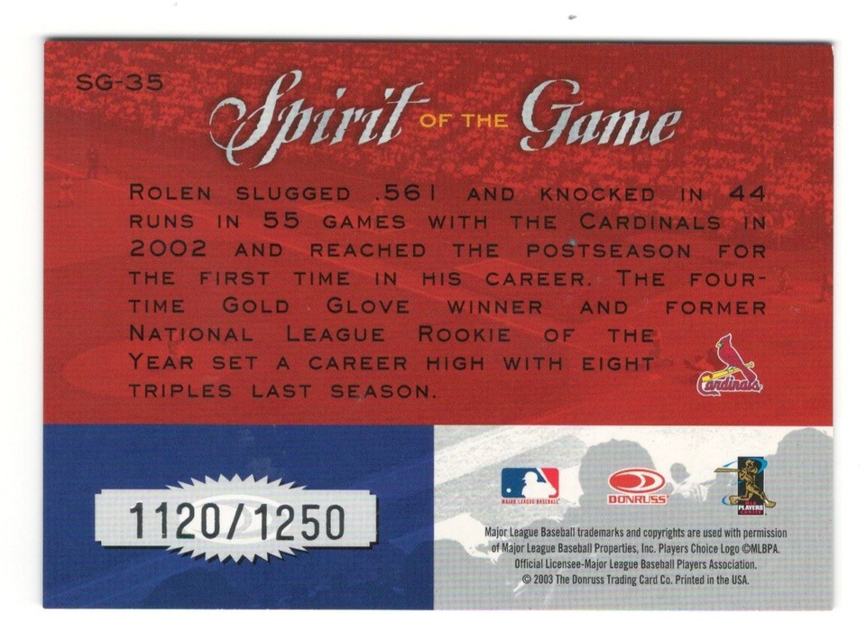Scott Rolen /1250 2003 Studio Spirit of the Game #35 Baseball Card | eBay