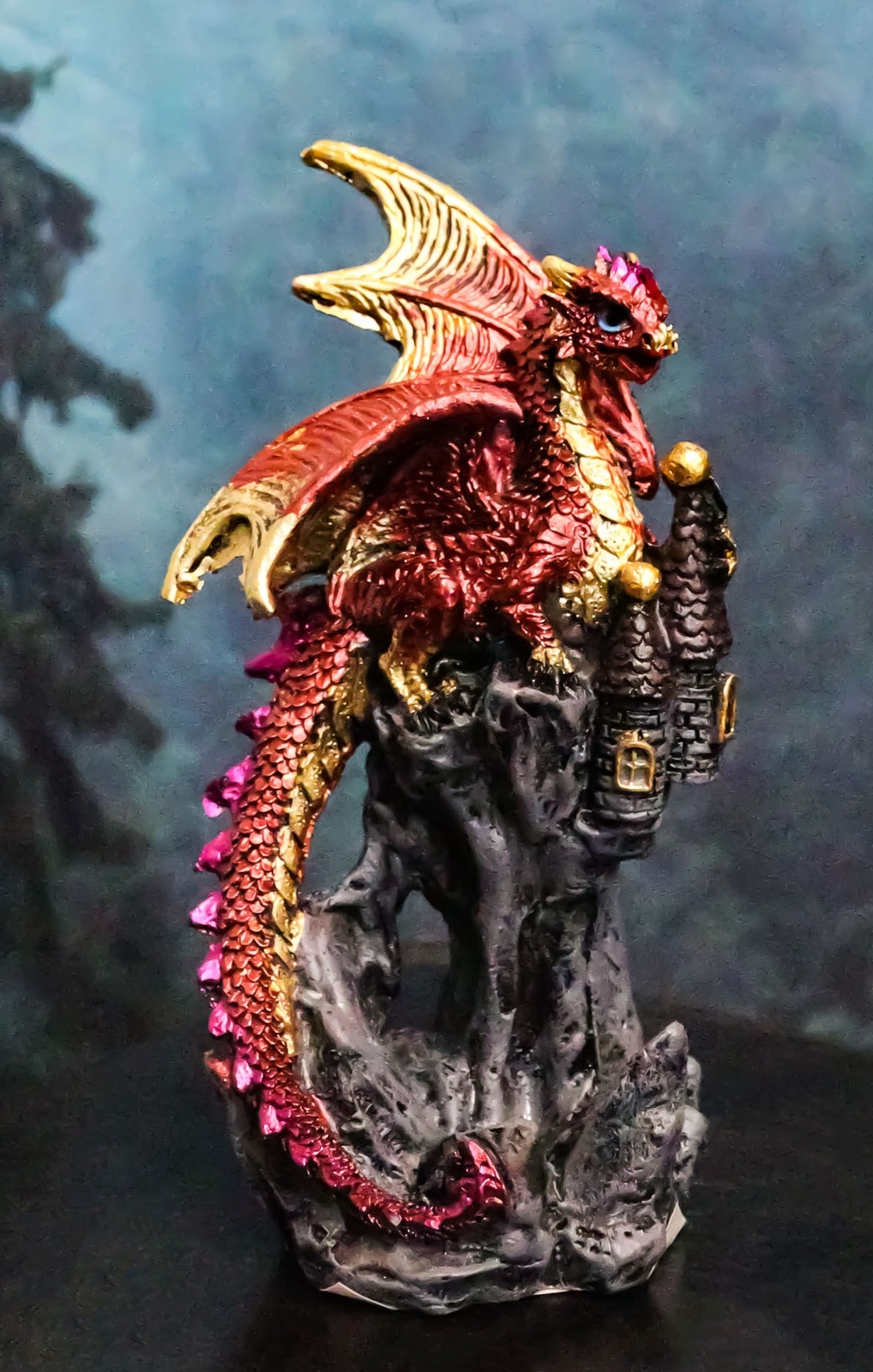 Metallic Crimson Red Dragon Guarding Castle Tower On Mountain Cliff ...