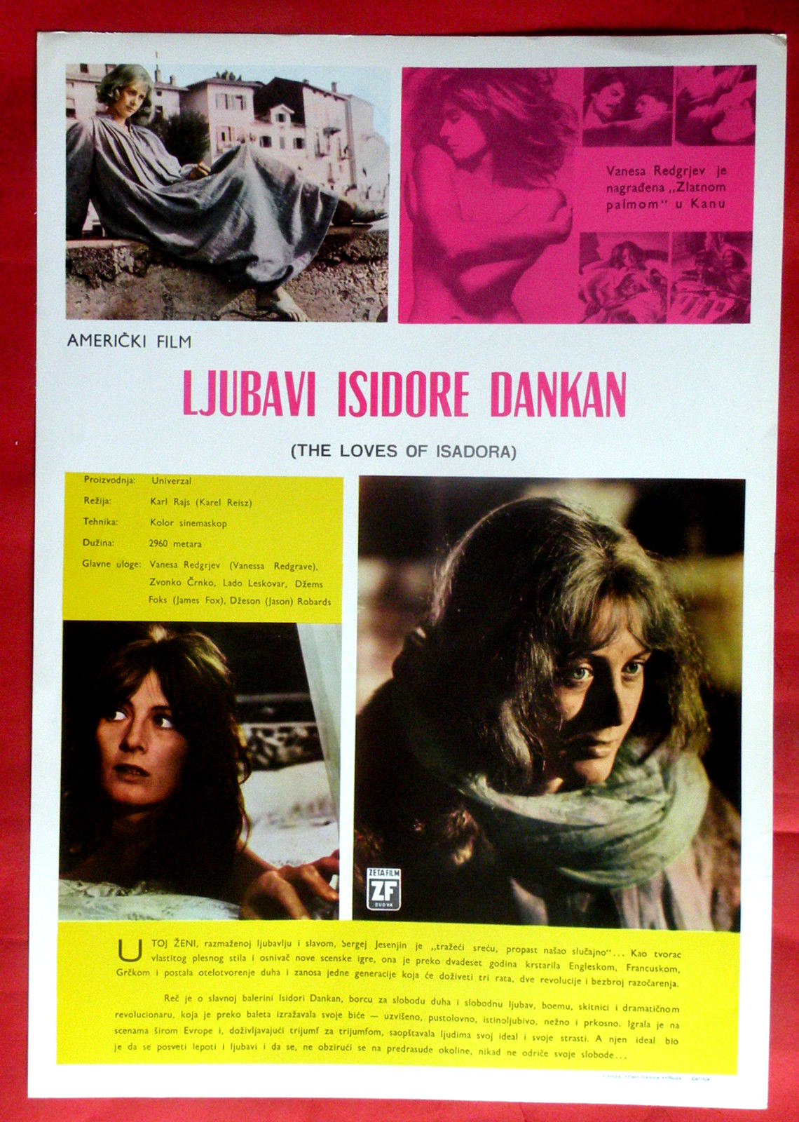 LOVES OF ISADORA 1970 VANESSA REDGRAVE JAMES FOX UNIQUE EXYU POSTER ...