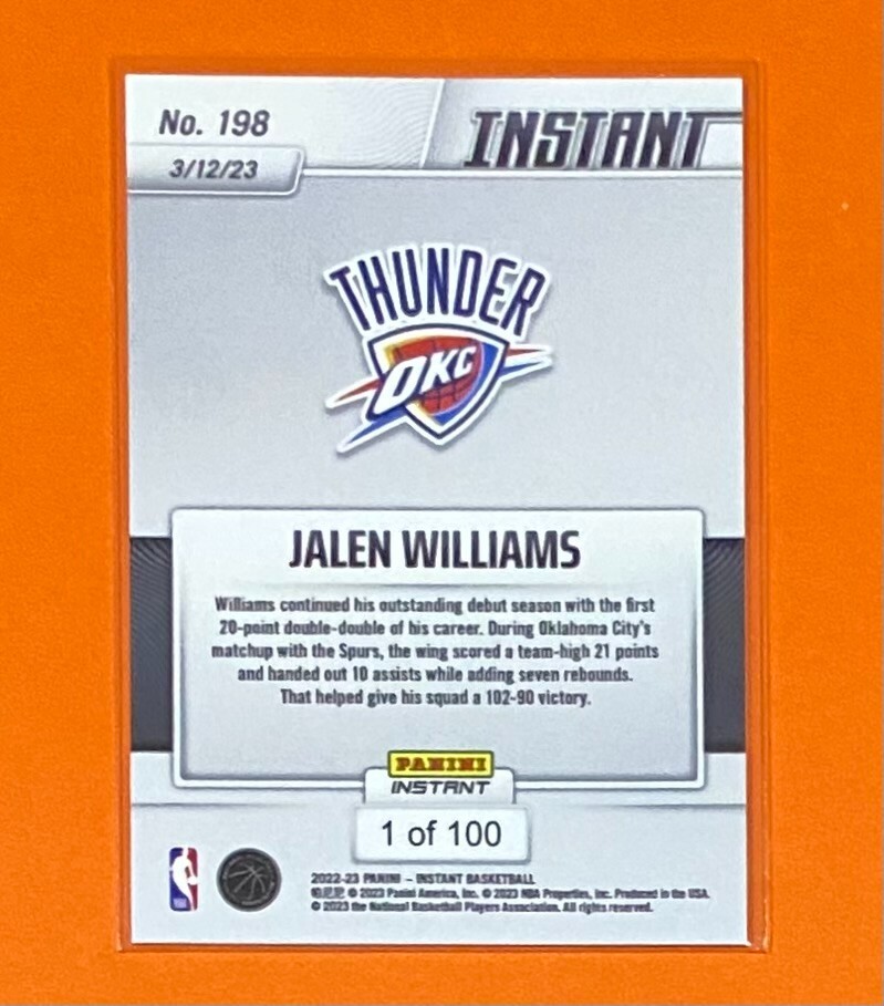 2022-23 Panini Instant Jalen Williams ROOKIE CARD 1/100 SP Thunder #198 ...