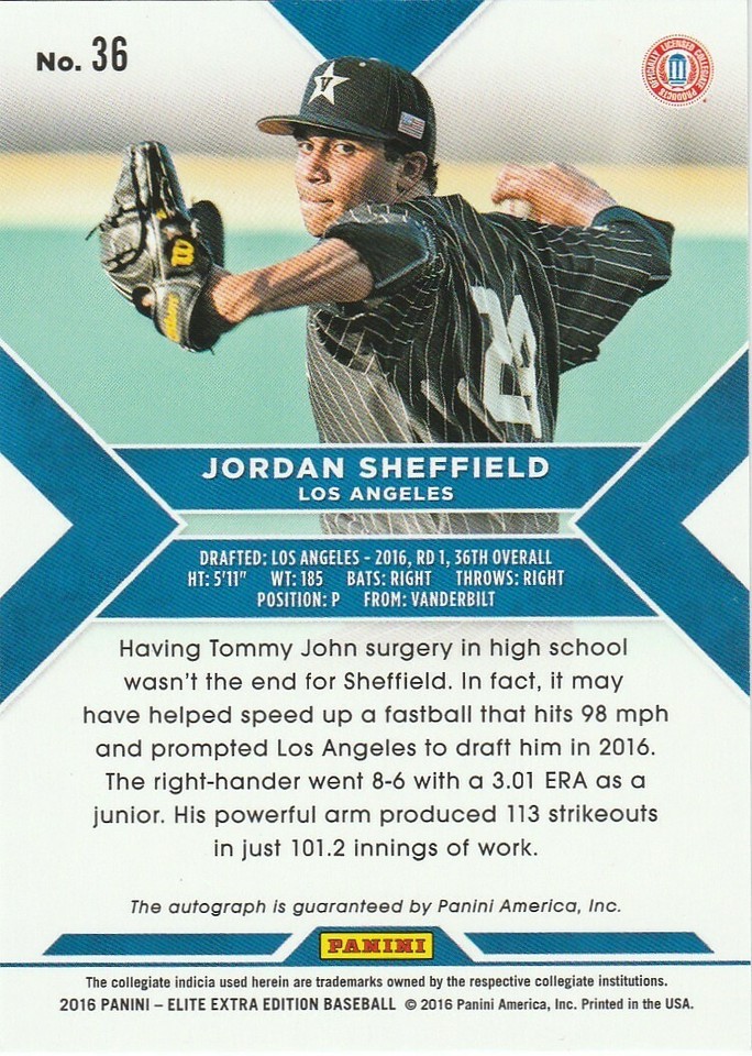 JORDAN SHEFFIELD RC SIGNED 2016 ELITE EXTRA EDITION #36 CERTIFIED AUTO ...