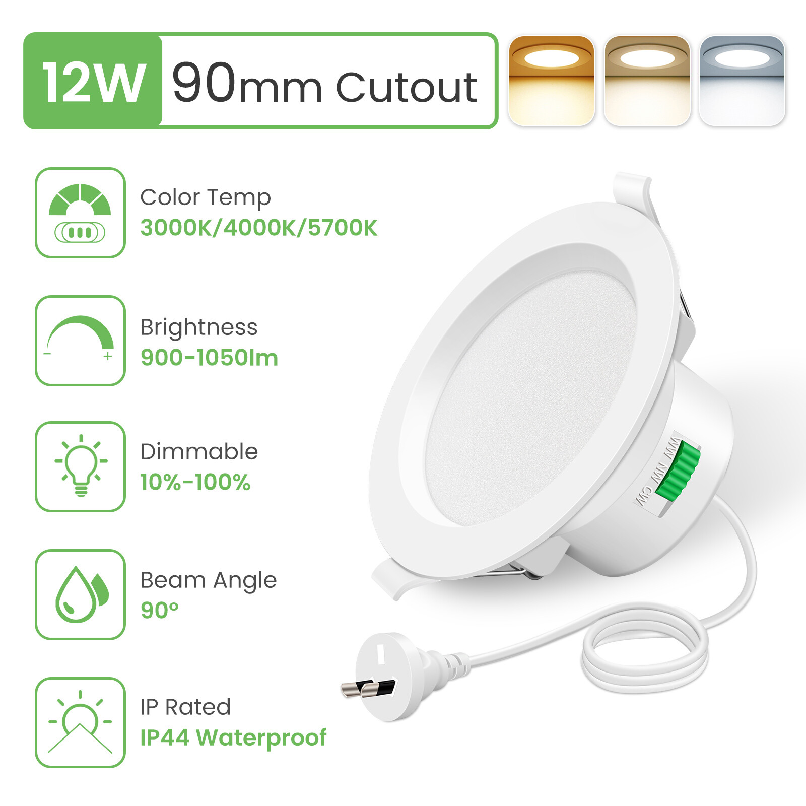 LED Downlights Kit 70mm/90mm/120mm Tri Color 10W/12W/14W Dimmable & Non ...