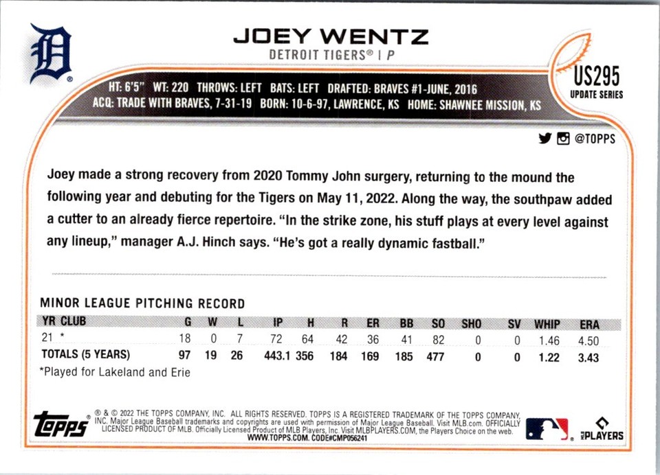 2022 Topps Joey Wentz #US295 Detroit Tigers Baseball Card | eBay