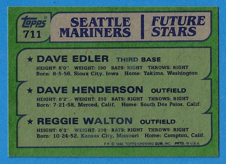 1982 TOPPS MARINERS FUTURE STARS ROOKIE CARD #711 DAVE HENDERSON WALTON ...
