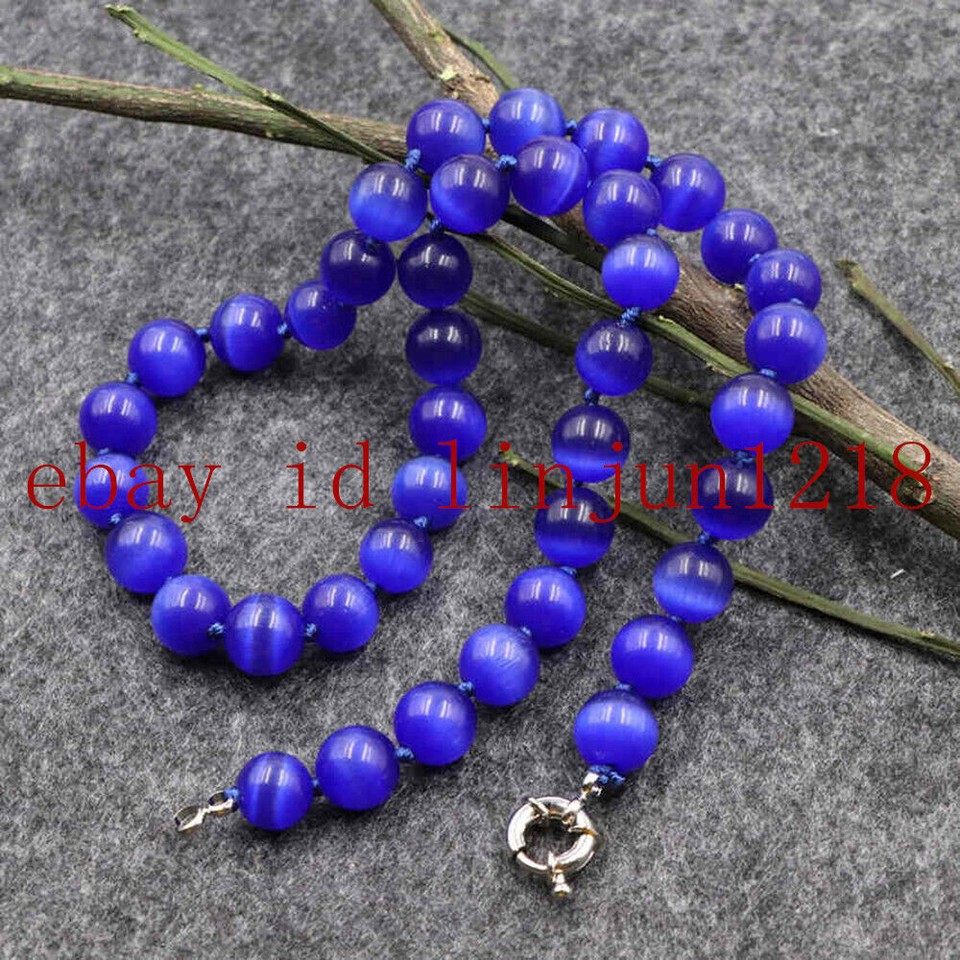 Pretty 10mm Dark Blue Cat's Eye Gemstone Round Beads Necklace 18'' AAA+ ...