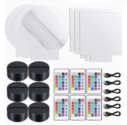 6 Sets 3D Night LED Light Lamps Bases and Clear Acrylic Display Sheets ...
