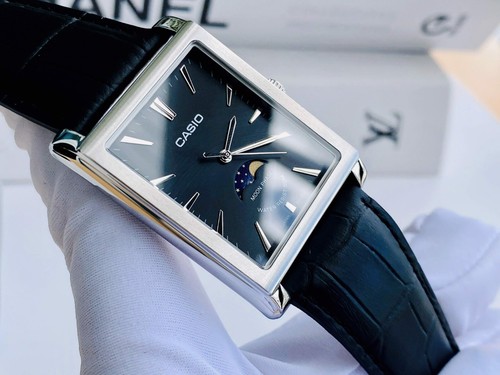 Casio MTP-M105L-1A Black Analog Moon Phase Rectangle Leather Casual ...