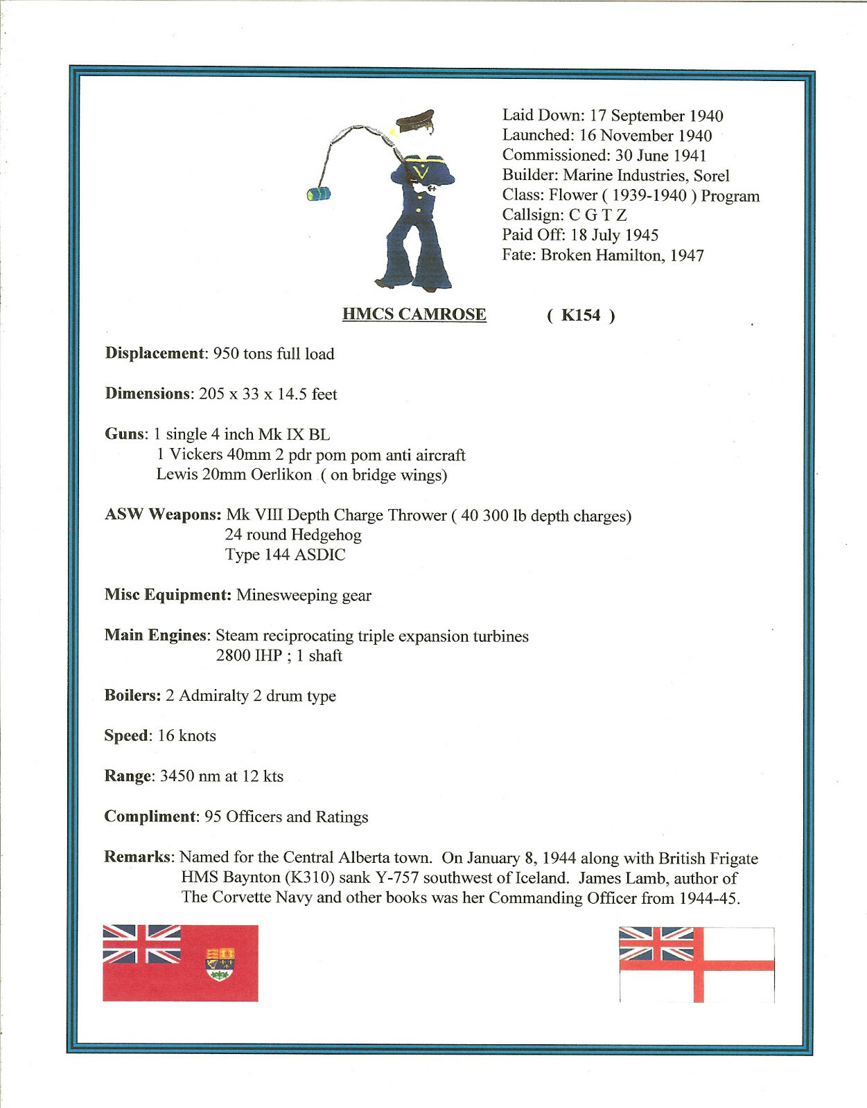 ROYAL CANADIAN NAVY CORVETTE HMCS CAMROSE K154 PHOTO WITH STATS ...