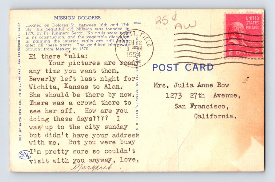 Postcard California San Francisco CA Mission Dolores 1954 Posted Linen ...