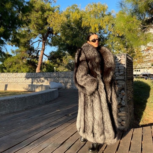 Luxury Women Genuine Silver Fox Fur Coat Big Lapel Winter Warm Real Fur ...
