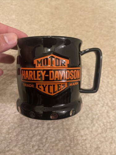 HARLEY-DAVIDSON Motor Cycles 3D Logo MUG Coffee Cup Silver Studs Orange ...