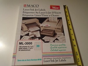 Maco ML3000 Laser/Ink Jet Labels 1 x 2-5/8" 30/Sheet 3,000/Box new open ...